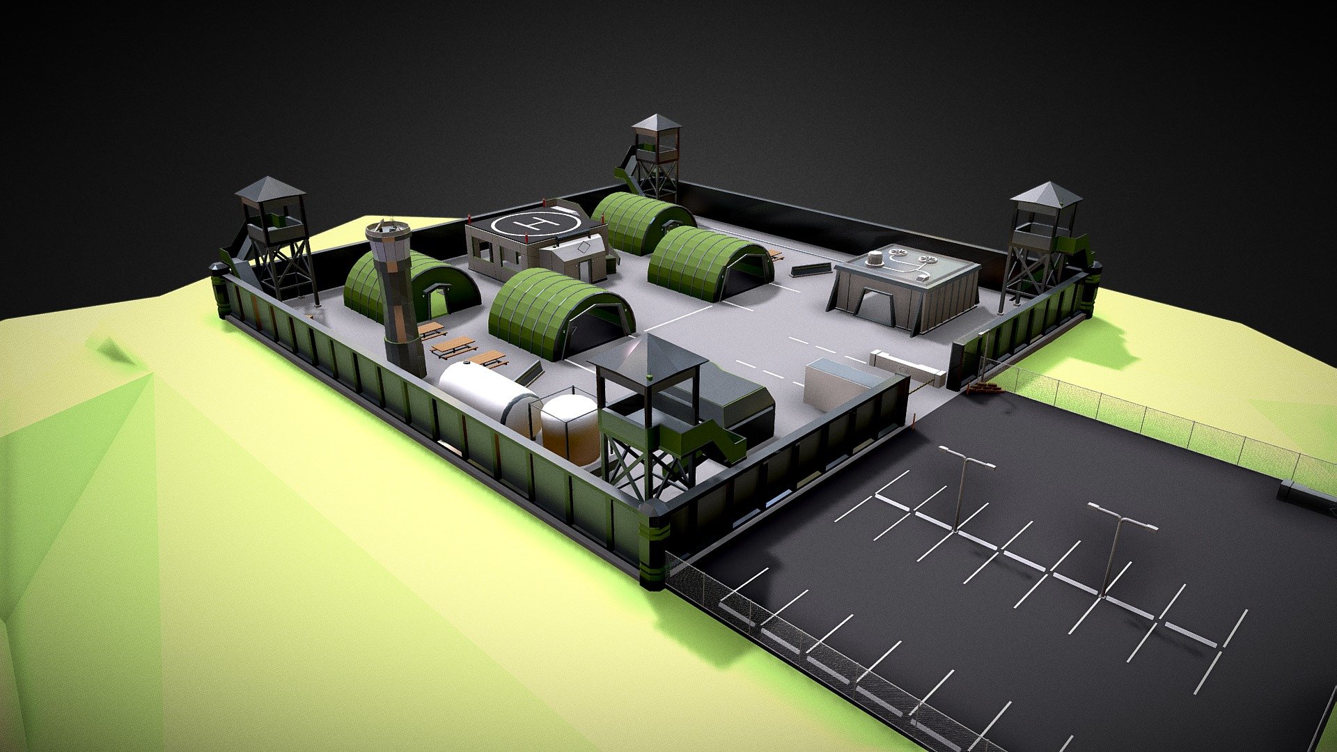 Military Base (Low Poly Style) - OPEN3DSEA