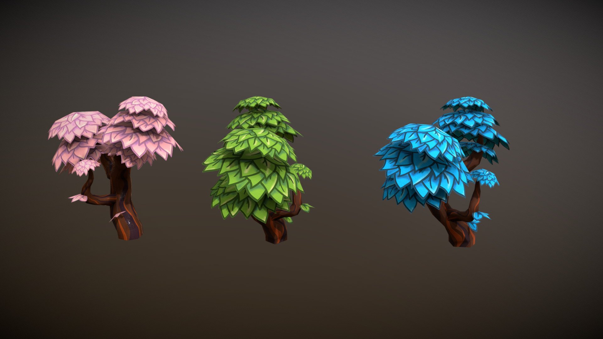 Set of hand painted low poly cartoon trees - OPEN3DSEA