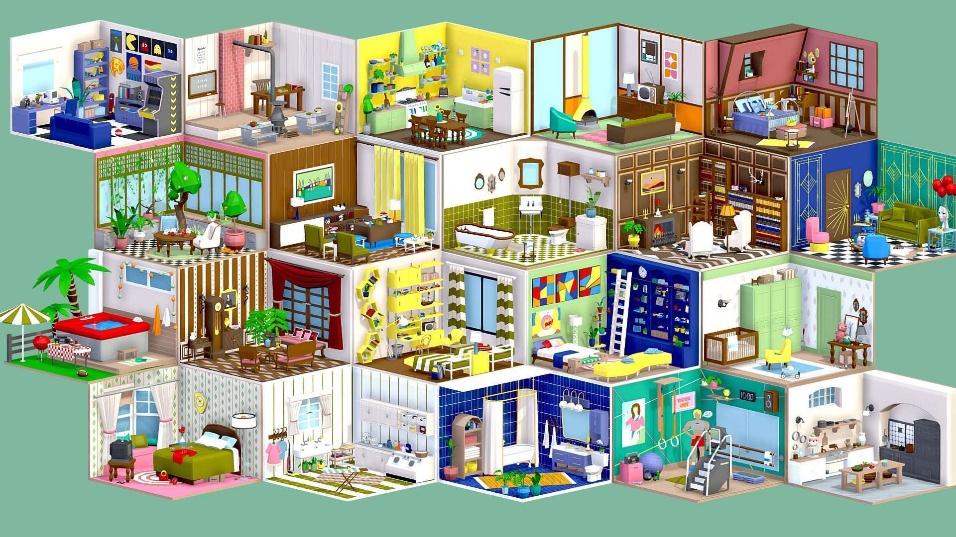 Low Poly Retro Vintage Rooms Interiors - OPEN3DSEA